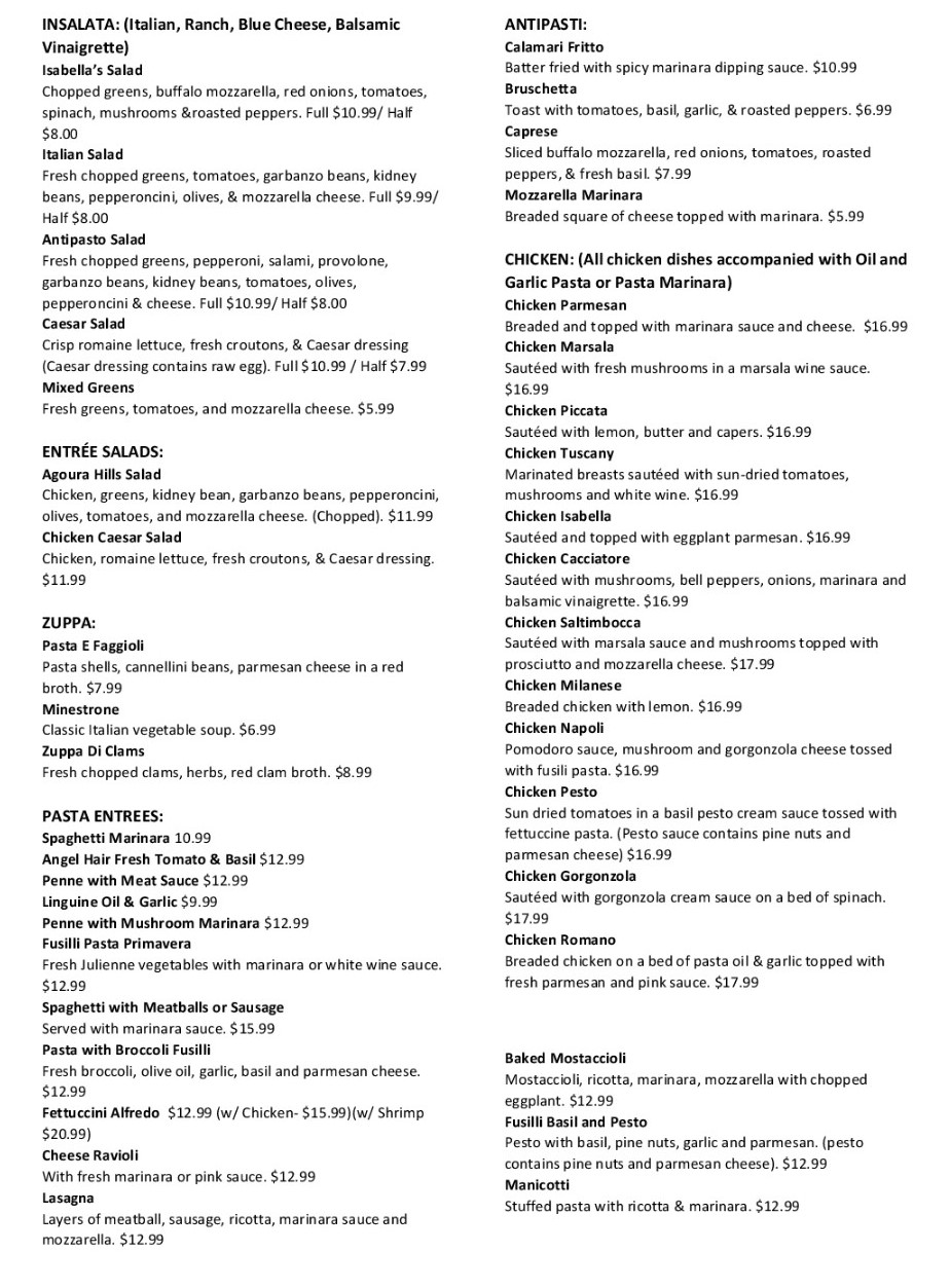 Menu :: Isabella's Italian Kitchen